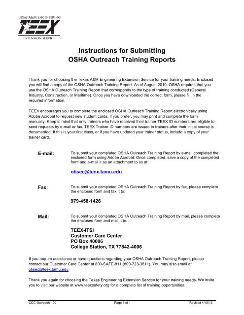 Instructions for Submitting OSHA Outreach Training Reports - Texas ...