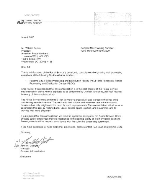 USPS Notice of decision to consolidate originating mail ... - APWU