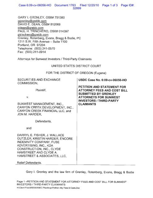 Petition and Statement for Attorney Fees and Cost Bill Submitted by ...