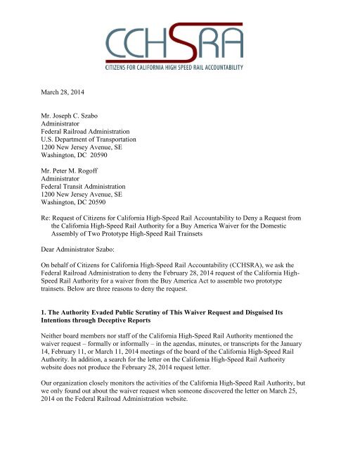 2014-03-28-CCHSRA-Letter-to-FRA-to-Deny-Buy-America-Waiver