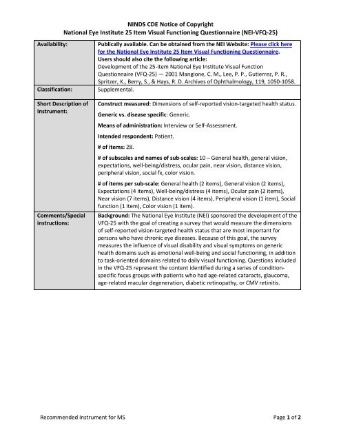 National Eye Institute Visual Functioning Questionnaire - 25 item