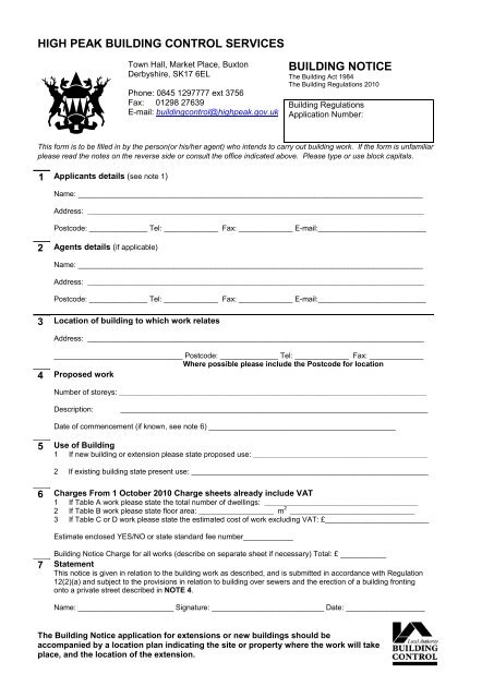 HIGH PEAK BUILDING CONTROL SERVICES BUILDING NOTICE