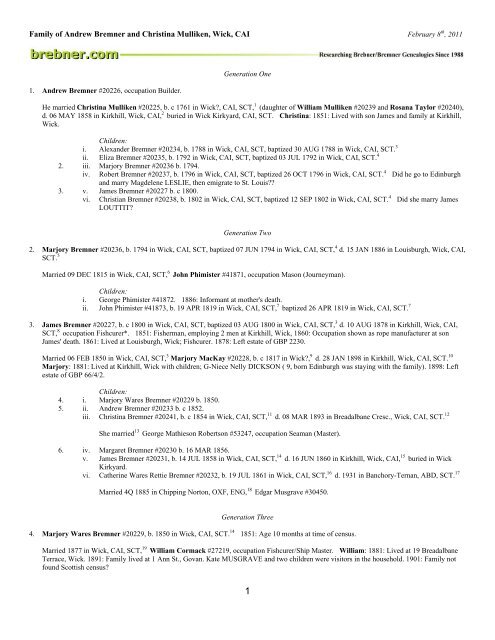 Family of Andrew Bremner and Christina Mulliken, Wick, CAI