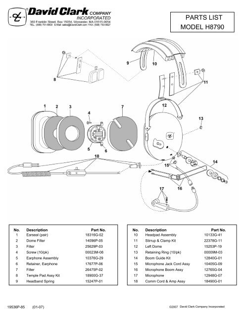 MODEL H8790 PARTS LIST - David Clark Company Incorporated