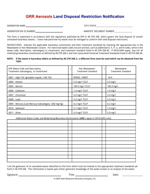 GRR Aerosols Land Disposal Restriction Notification