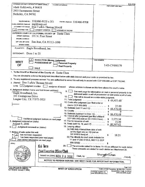 WRIT OF EXECUTION (Money Judgment) - Eagle Broadband v. Does WRIT OF EXECUTION (Money Judgment) - Eagle Broadband v. Does