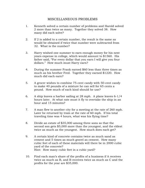 MISCELLANEOUS PROBLEMS - Hanlon Math