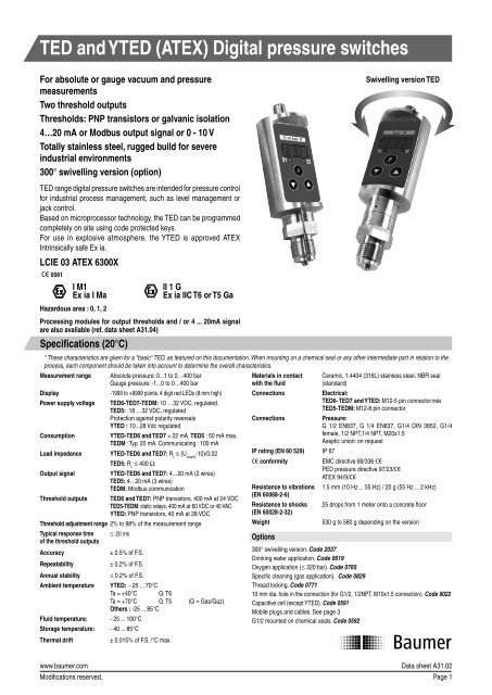 TED and YTED (ATEX) Digital pressure switches - Baumer