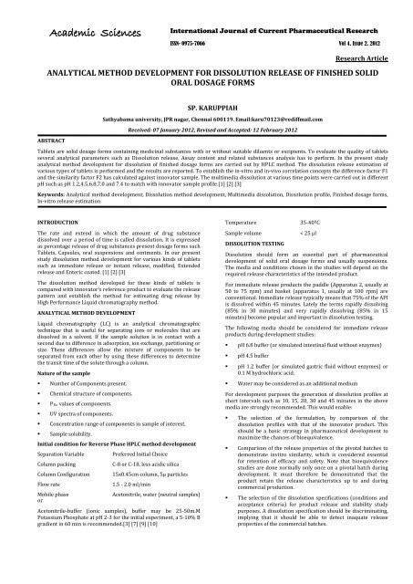 Analytical Method Development For Dissolution Release Of Finished