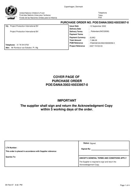 COVER PAGE OF PURCHASE ORDER POE/DANA ... - Unicef.ge