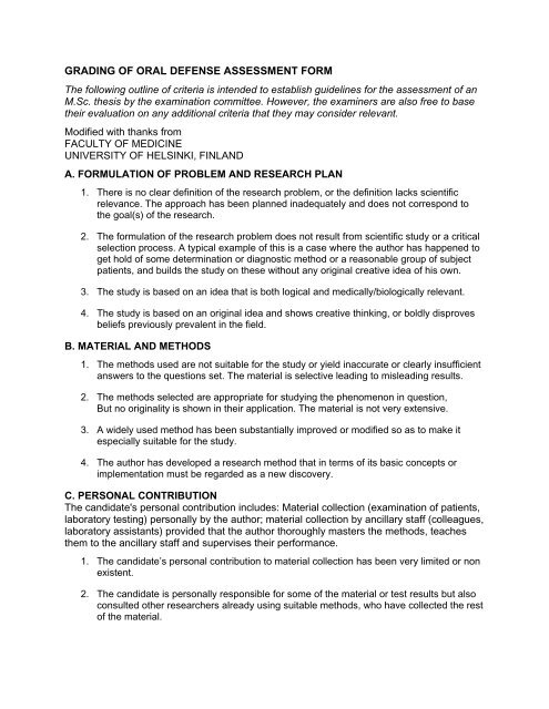 GRADING OF ORAL DEFENSE ASSESSMENT FORM - UBC Dentistry