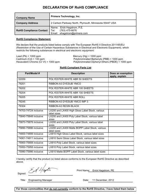 Declaration of RoHS Compliance for Label Stock - Primera