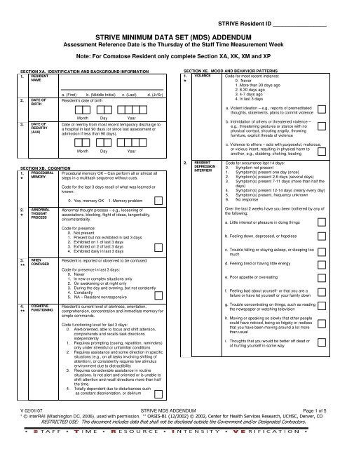 STRIVE MINIMUM DATA SET (MDS) ADDENDUM