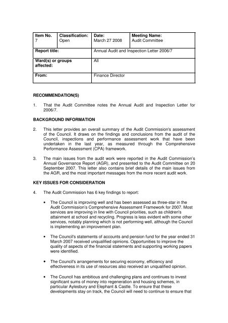 Item 7 Annual Audit and Inspection Letter