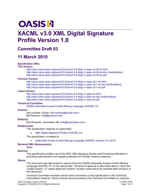XACML v3.0 XML Digital Signature Profile Version 1.0 - docs oasis ...