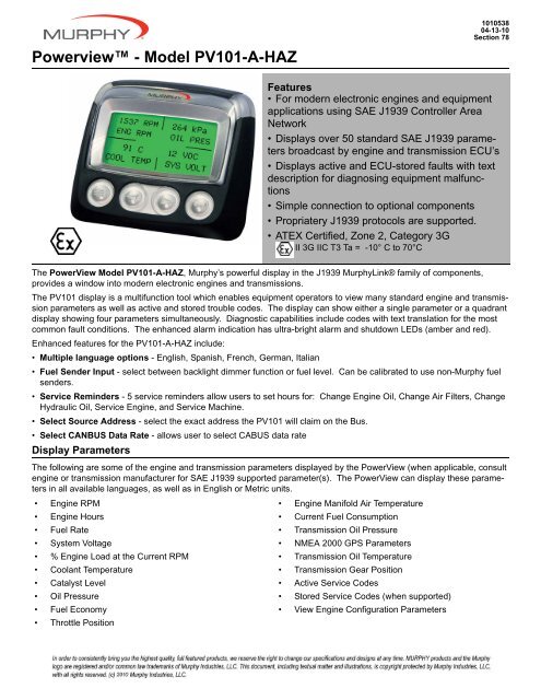 Powerviewâ ¢ - Model PV101-A-HAZ - Murphy