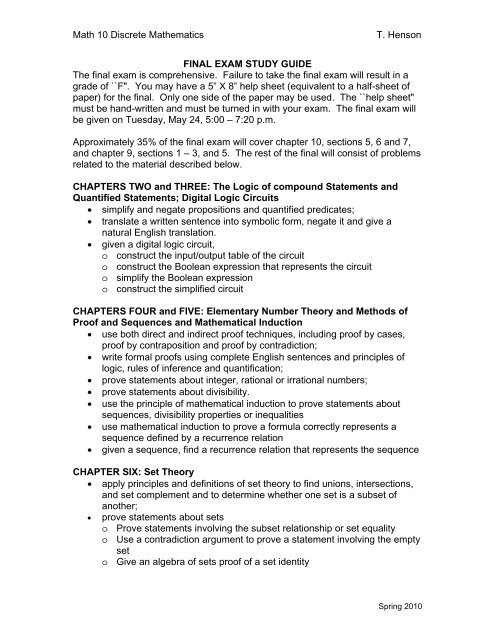 Math 10 Discrete Mathematics T. Henson FINAL EXAM STUDY ...