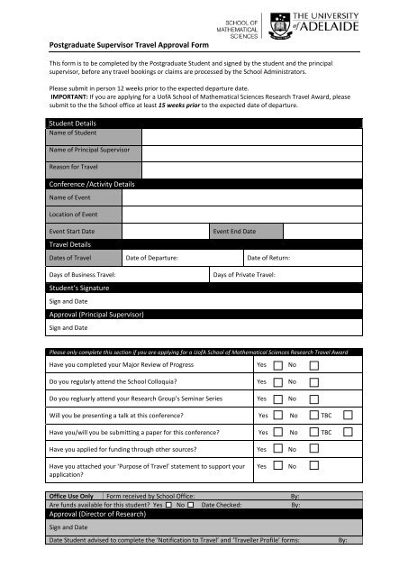 Postgraduate Supervisor Travel Approval Form - School of ...