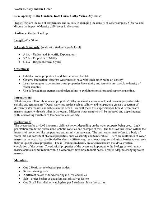Water Density & the Ocean Lesson Plan Middle & High ... - cosee now