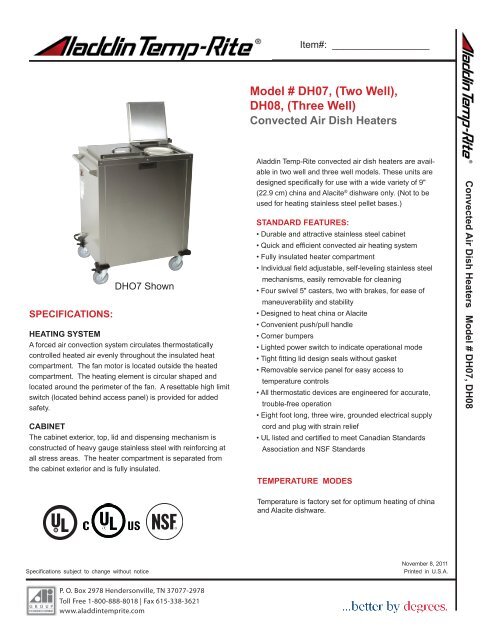 Model # DH07, (Two Well), DH08, (Three Well) - Aladdin Temp-Rite