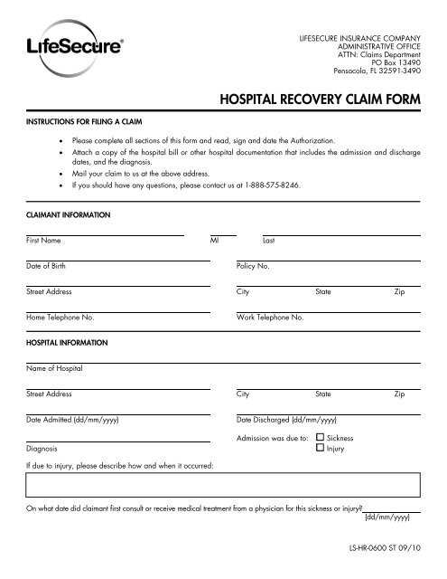 HOSPITAL RECOVERY CLAIM FORM - Lookinghelp.com h ...