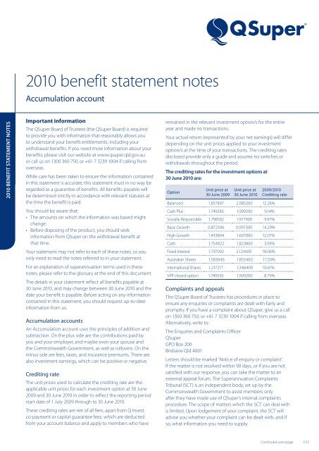 2010 benefit statement notes - QSuper - Queensland Government