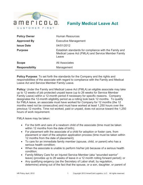 Family and Medical Leave Policy - Final Rev 4-1-13 - Americold