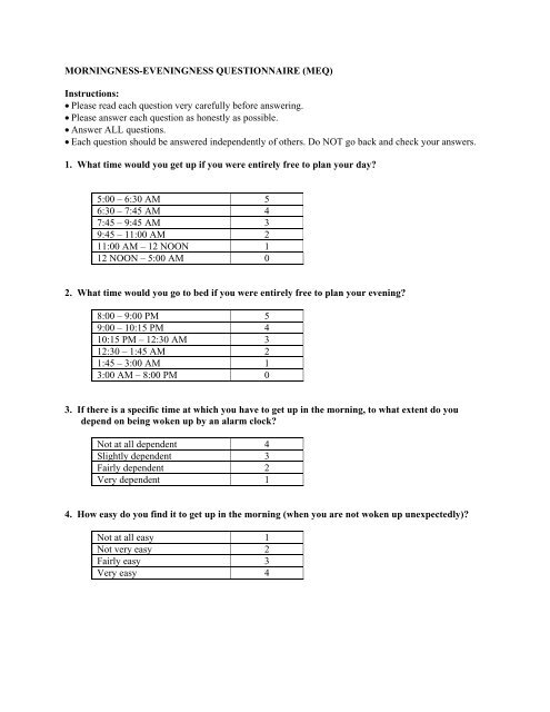 MORNINGNESS-EVENINGNESS QUESTIONNAIRE (MEQ ...