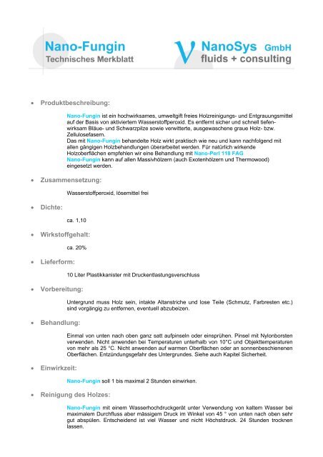 Technisches Datenblatt - NanoSys GmbH