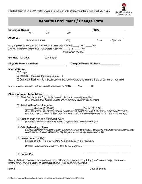 Benefits Enrollment/Change Form - Center for Human Resources