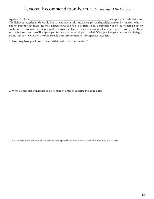 Personal Recommendation Form for 6th through 12th Grades