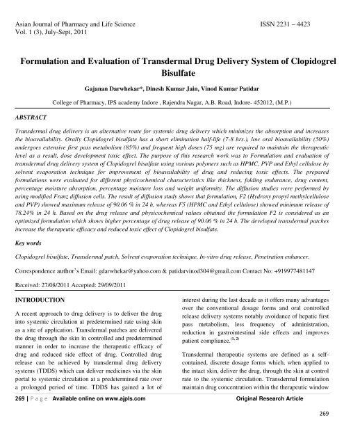 Formulation And Evaluation Of Transdermal Drug Delivery System Of