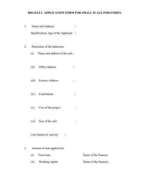 BIO-DATA APPLICATION FORM FOR SMALL SCALE INDUSTRIES