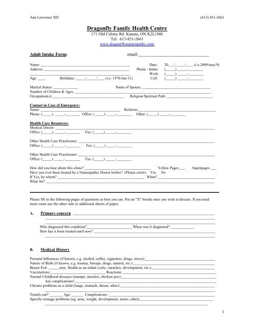 Adult Intake Form - Dragonfly Naturopathic Clinic