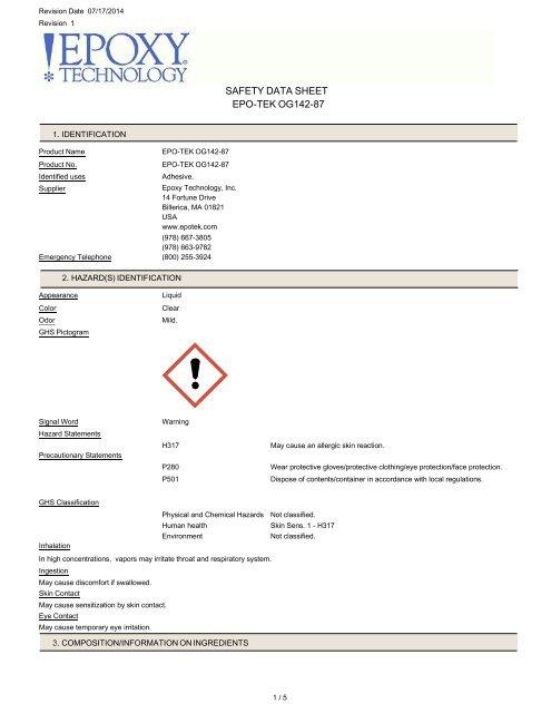 MSDS - AngstromBondÂ® Epo-Tek OG142-87
