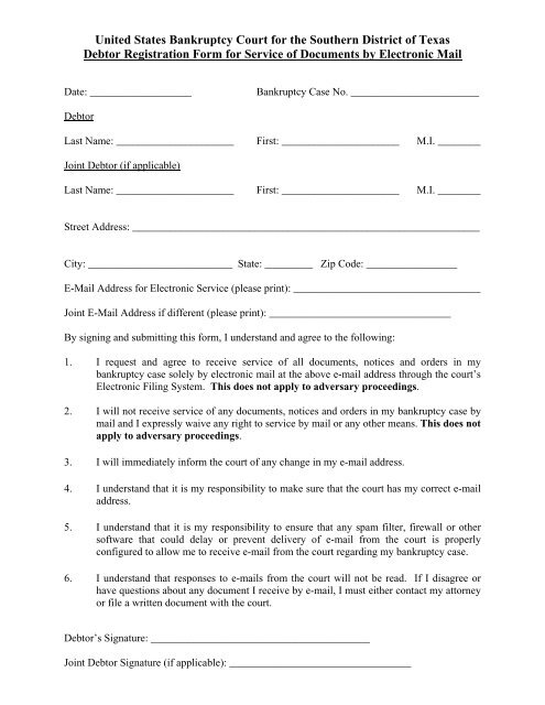 Debtor Registration Form for Service of Documents by Electronic Mail