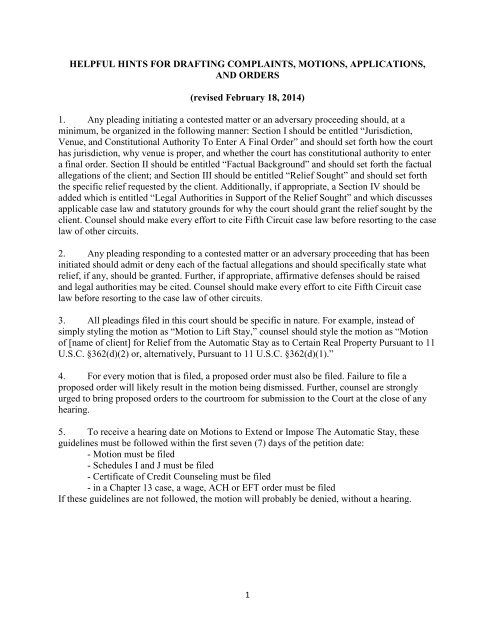HELPFUL HINTS FOR DRAFTING COMPLAINTS, MOTIONS ...