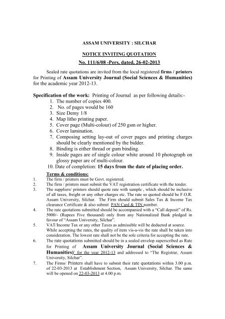 Notice Inviting Quotation for printing of Assam University journal ...