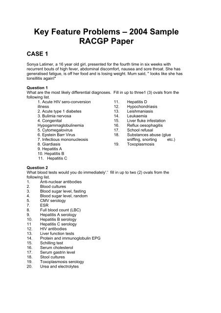RACGP practice exam 2004 â 16 KFP cases