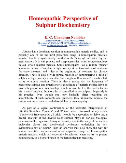 Sulphur by Dr K C Chandran Nambiar - Modern Homoeopathy