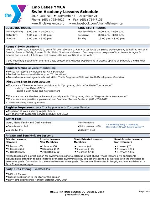 Swim Academy Lessons Schedule - Ymca