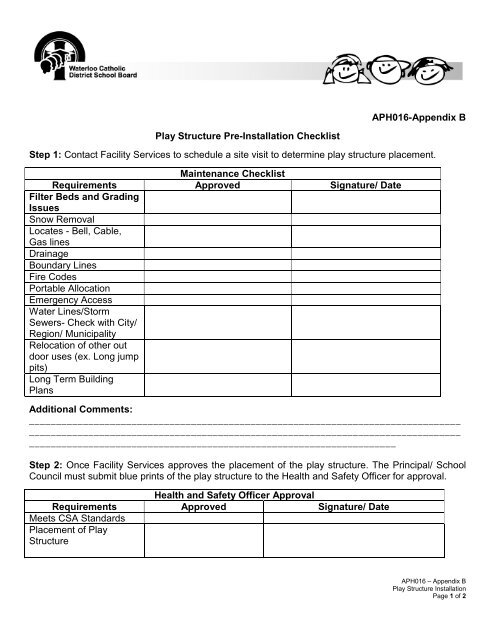 APH016-Appendix B Play Structure Pre-Installation Checklist Step 1 ...