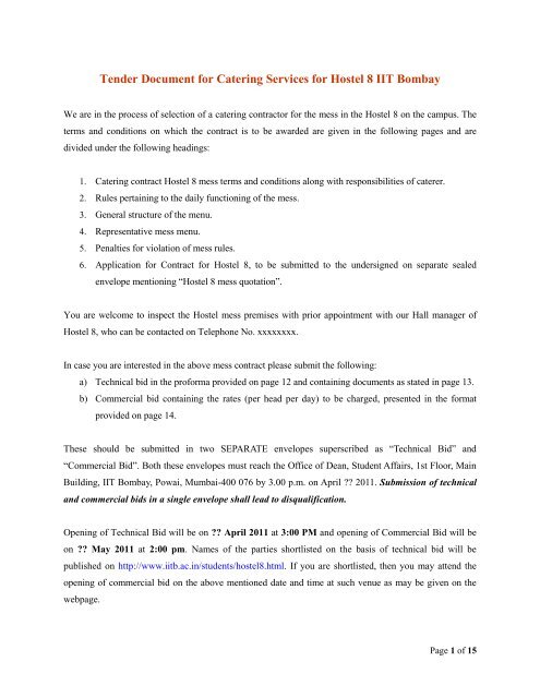 Tender Document for Catering Services for Hostel 8 IIT Bombay