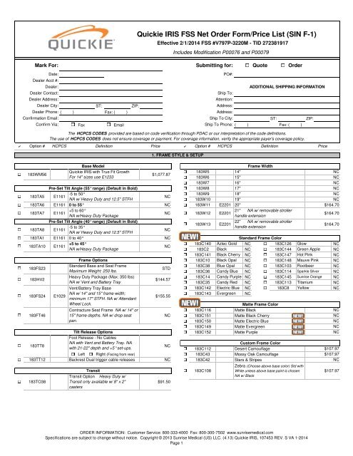 Quickie IRIS FSS Net Order Form/Price List (SIN F-1) - Sunrise Medical