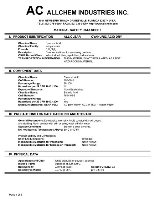 MSDS AC Cyanuric Acid - Pool Water Products