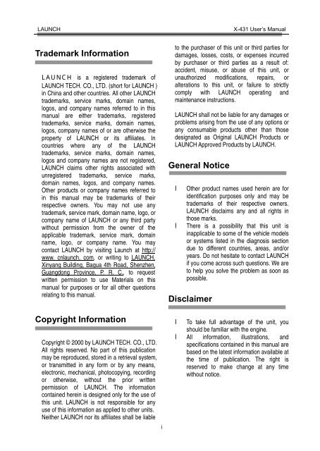 Trademark Information General Notice Disclaimer Copyright Information