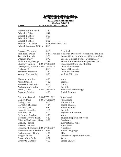 Staff Phone Directory - Leominster High School