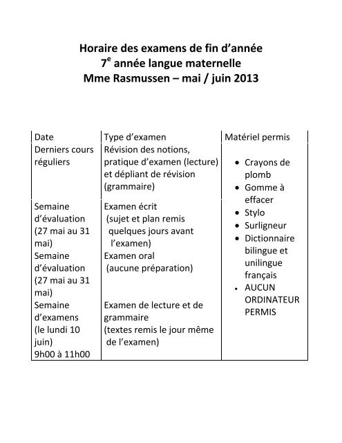 Horaire des examens de fin d'année 7 année langue maternelle ...