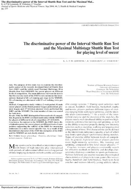 The discriminative power of the Interval Shuttle Run Test and the ...