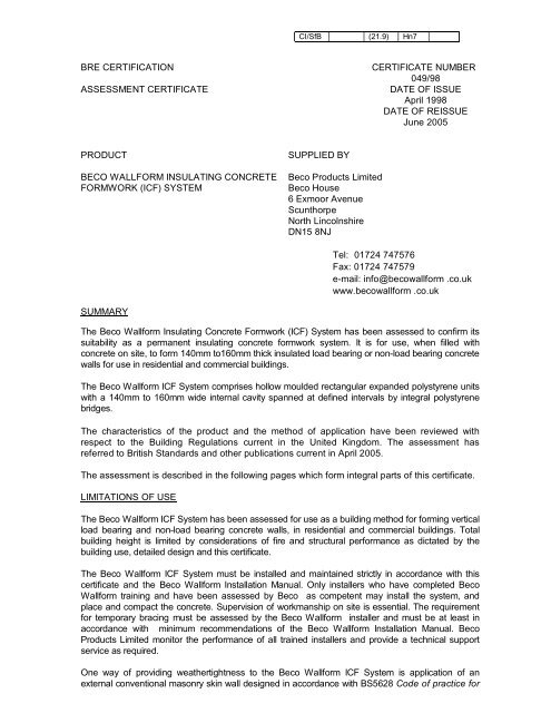 BRE CERTIFICATION ASSESSMENT CERTIFICATE ... - RedBookLive